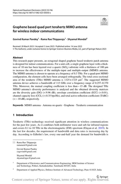 Graphene Based Quad Port Terahertz Mimo Antenna For Wireless Indoor Communications Request Pdf