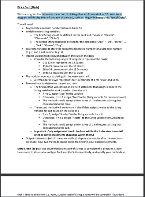 Solved Pick A Card 30pts Write A Program That Simulates