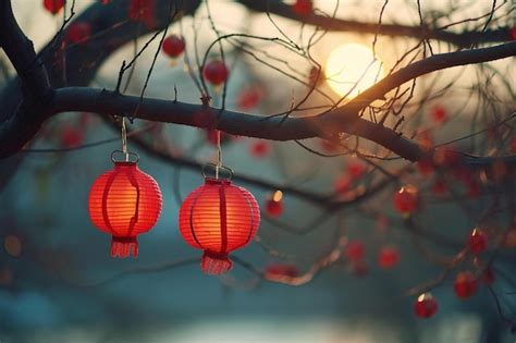 Premium Photo A Couple Of Red Lanterns Hanging From A Tree