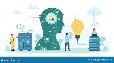 Eco Ideas Innovation And Green Technology Tiny People Connect Light Bulb Brain Stock Vector
