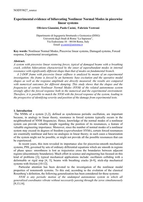 Pdf Experimental Evidence Of Bifurcating Nonlinear Normal Modes In Piecewise Linear Systems