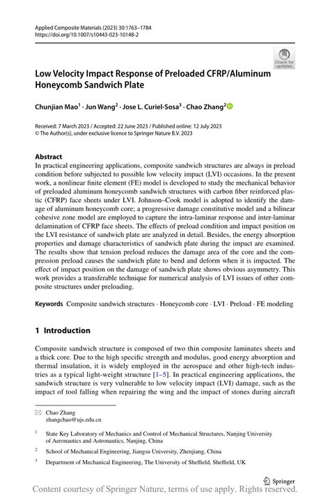 Low Velocity Impact Response Of Preloaded Cfrpaluminum Honeycomb Sandwich Plate Request Pdf