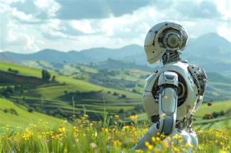 A Robot Is Standing In A Field Of Grass Stock Illustration