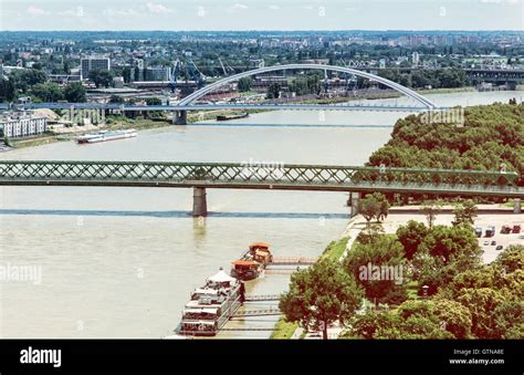 Bridges Over The Danube River In Bratislava City Slovak Republic Old