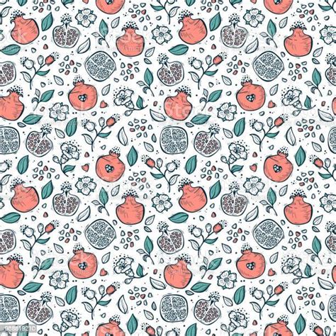 벡터 원활한 패턴 손으로 그린 낙서 과일 석류 과일 꽃과 나뭇잎 배경 반복입니다 꽃 벽지 건강한 식생활에 대한 스톡 벡터 아트 및 기타 이미지 Istock
