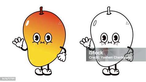 귀여운 재미있는 망고가 손을 흔드는 캐릭터 개요 만화 그림 벡터 망고 손으로 그린 전통적인 만화 빈티지 복고풍 캐릭터 격리된