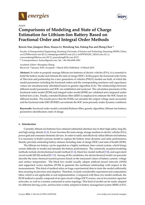 Pdf Comparisons Of Modeling And State Of Charge Estimation For