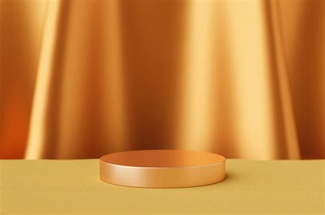 고급 빈 프리젠 테이션 스튜디오 제품 장식 또는 쇼 스탠드 황금 받침대 빛나는 새틴 패션과 프리미엄 배경에 추상 3d 무대 장면
