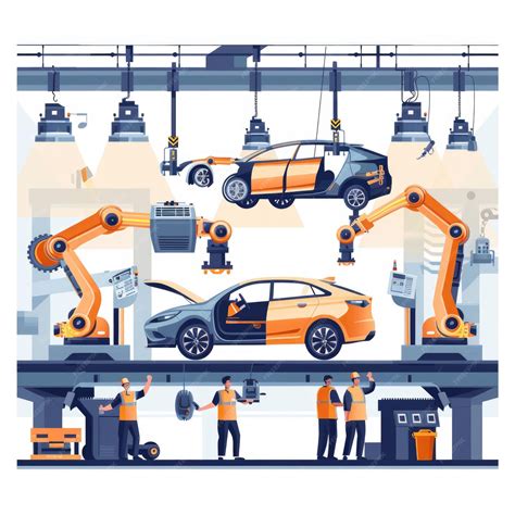 Automated Car Assembly Line With Robotic Arms And Workers Premium Ai Generated Image