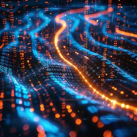 Premium Photo Blue And Orange Glowing Digital Data Wave With Binary Code