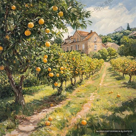 Ai创作图欧美田园风光油画 乡村手绘油画 手绘油画田园风景 房前果林 欧式庄园风景画 乡村风景油画 橙色风景 夏橙园 手绘田野果园 黄桃装饰画 果园插画田园风光 乡村田园风景油画 黄桃自采园