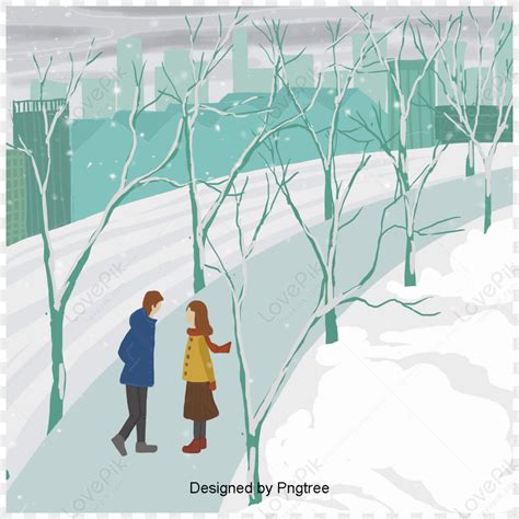 겨울 일러스트 커플 낭만적 만나는 삽화 배경눈송이가로수길 Png 일러스트 무료 다운로드 Lovepik