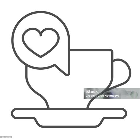 접시에 세라믹 컵과 하트 얇은 라인 아이콘과 대화 사랑 개념 흰색 배경에 커피 날짜 벡터 기호 모바일 개념 및 웹 디자인을위한