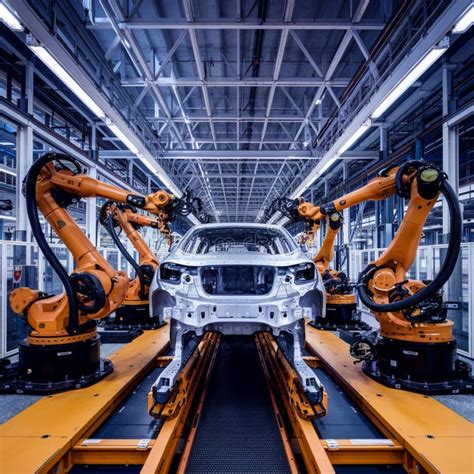 Orange Robotic Arms Work On Conveyor Belt In Spacious Car Assembly Plant Stock Illustration