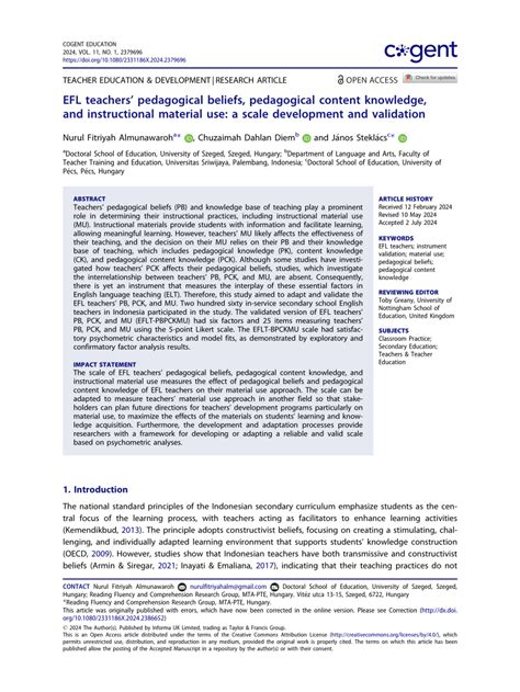 Pdf Efl Teachers Pedagogical Beliefs Pedagogical Content Knowledge