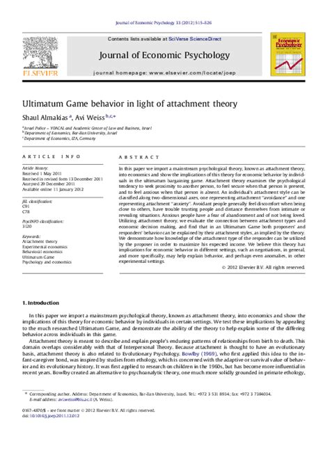 Pdf Ultimatum Game Behavior In Light Of Attachment Theory