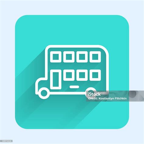 긴 그림자로 격리 된 화이트 라인 더블 데커 버스 아이콘 런던 클래식 여객 버스 대중 교통 기호 녹색 정사각형 버튼입니다 벡터 거리에 대한 스톡 벡터 아트 및 기타 이미지