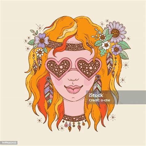 꽃이 달린 하트 모양의 안경을 쓴 소녀 히피 머리에 깃털 복고풍 스타일 70년대 60년대의 그루비한 패션 선글라스를 쓴 귀여운 히피 여자 벡터 손으로 그린 그림 우드스탁