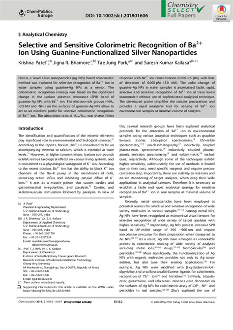 Pdf Selective And Sensitive Colorimetric Recognition Of Ba2 Ion Using Guanine Functionalized
