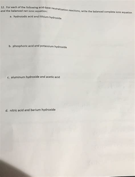 Solved For Each Of The Following Acid Base Neutralization Chegg Com