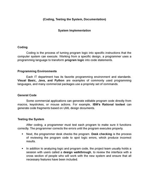 Coding Testing The System Documentation System Implementation Coding