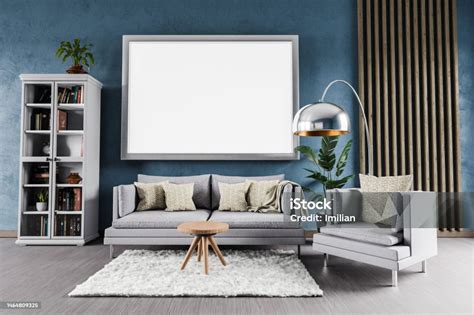 파란 벽 앞에 싱글 빈티지 소파가 있는 미니멀한 현대적인 우아한 거실 인테리어와 커다란 빈 캔버스 선반 흰색 카펫 복사 공간 3d 그림 0명에 대한 스톡 사진 및 기타