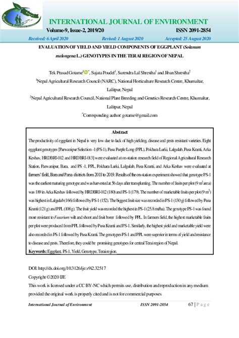 Pdf Evaluation Of Yield And Yield Components Of Eggplant Solanum Melongena L Genotypes In