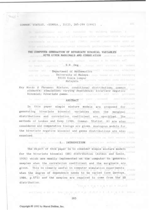 Pdf The Computer Generation Of Bivariate Binomial Variables With
