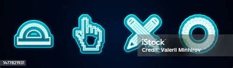 세트 라인 각도기 그리드 픽셀 손 커서 교차 연필 및 월계관 빛나는 네온 아이콘입니다 벡터 교육에 대한 스톡 벡터 아트 및 기타 이미지 Istock