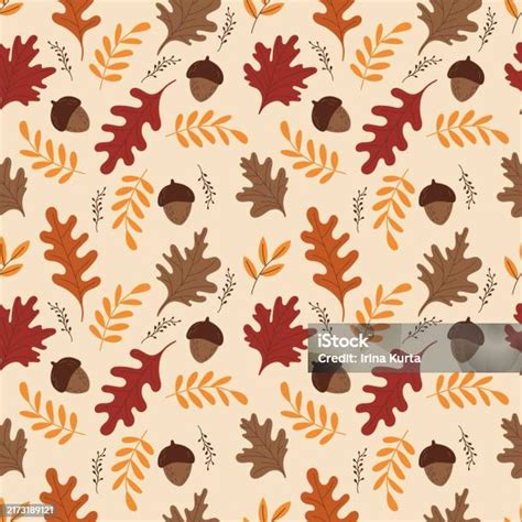 다양한 잎 도토리 및 식물과 함께 가을 완벽 한 패턴 벡터 일러스트 레이 션 0명에 대한 스톡 벡터 아트 및 기타 이미지 0명 가득 찬 가을 단풍 Istock