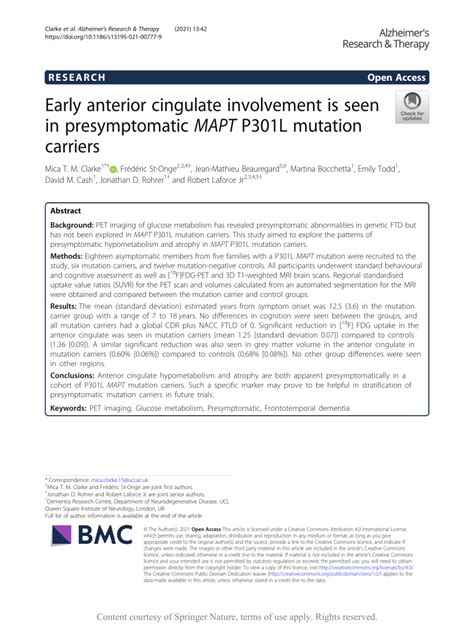 PDF Early Anterior Cingulate Involvement Is Seen In Presymptomatic MAPT P301L Mutation Carriers