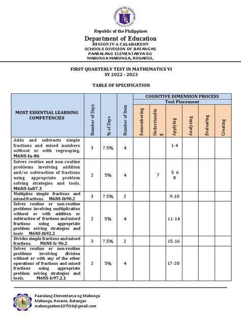 First Quarterly Test In Mathematics Pdf Elementary Mathematics Arithmetic