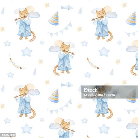 흰색 배경에 파스텔 색상의 플루트 물고기 공 및 별이 있는 마법의 고양이가 있는 수채화 매끄러운 패턴 0명에 대한 스톡 벡터 아트 및 기타 이미지 Istock