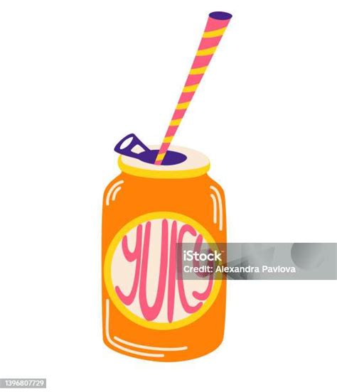 소다 캔 달콤한 물 비문이 육즙이 많고 짚이 달린 밝은 항아리 달콤한 탄산 음료 흰색 배경에 고립 된 벡터 만화 일러스트 레이