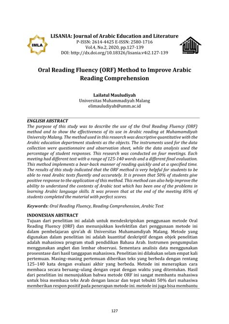 Pdf Oral Reading Fluency Orf Method To Improve Arabic Reading Comprehension