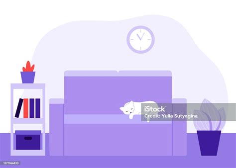 홈 아늑한 방 인테리어 휴게소 식물과 책이있는 침대 옆 테이블 소파에서 잠자는 고양이 벡터 플랫 일러스트레이션 0명에 대한 스톡 벡터 아트 및 기타 이미지 Istock