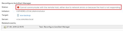 Vmware Vcsa Configuring Autostart Ends With Cannot Communicate With The Remote Host