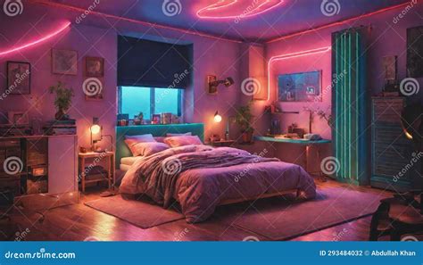 A Retro Inspired Bedroom With Neon Lights Evoking A Nostalgic Stock