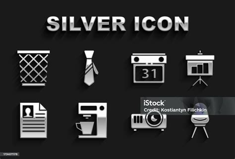 커피 머신 다이어그램이 있는 칠판 사무실 의자 영화 영화 영화 미디어 프로젝터 이력서 달력 쓰레기통 및 넥타이 아이콘을 설정합니다 벡터 가구에 대한 스톡 벡터 아트 및 기타