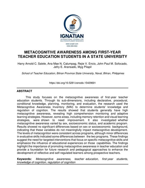 Pdf Metacognitive Awareness Among First Year Teacher Education