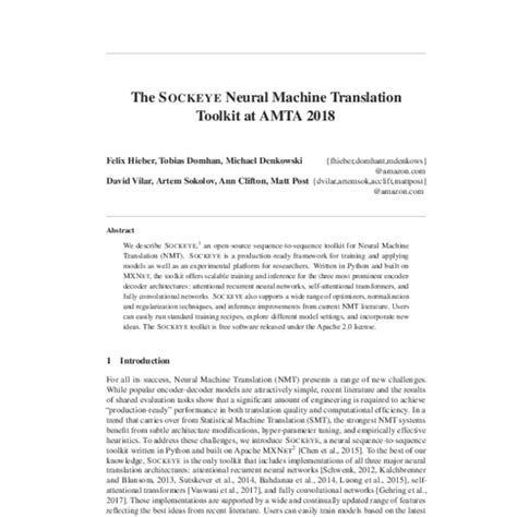The Sockeye Neural Machine Translation Toolkit At Amta 2018 Acl Anthology