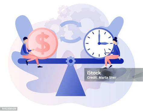 시간은 돈입니다 사업 개념입니다 시간 관리 저울 계량에 따른 돈과 시간의 균형 현대 평면 만화 스타일입니다 흰색 배경에 벡터
