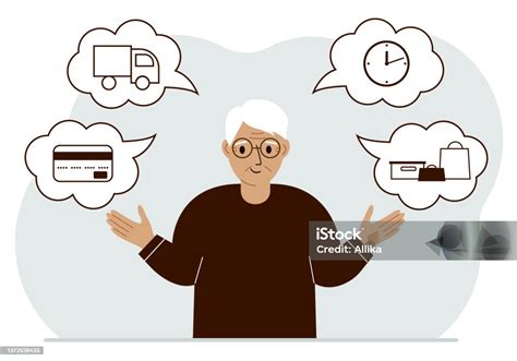 주문 및 배달 프로세스 개념 행복한 할아버지와 배달 주문의 단계 지불 배달 자동차 대기 시간 및 상품 및 구매 개념에 대한 스톡