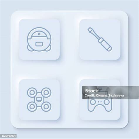 세트 라인 로봇 진공 청소기 드라이버 무인 항공기 및 원격 제어 흰색 정사각형 버튼 벡터 가사 집안일에 대한 스톡 벡터 아트 및