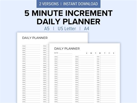 5 Minute Increment Daily Planner Printable A5 Us Letter A4 Fillable And Instant Download Etsy