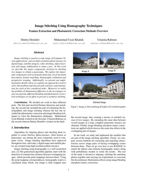 Pdf Image Stitching Using Homography Techniques Feature Extraction And Photometric Correction