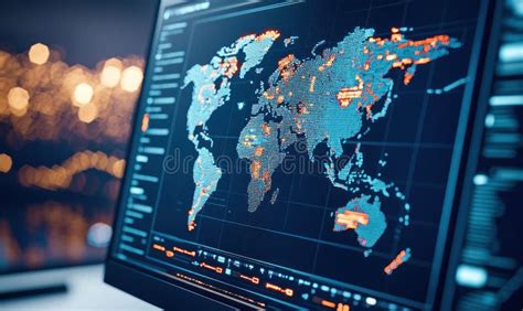 High Resolution Digital World Map With Data Visualization On Computer Screen Stock Illustration