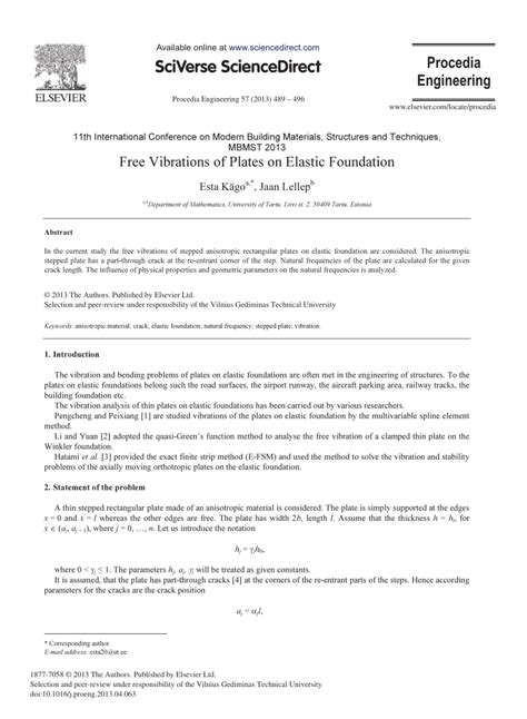 Pdf Free Vibrations Of Plates On Elastic Foundation