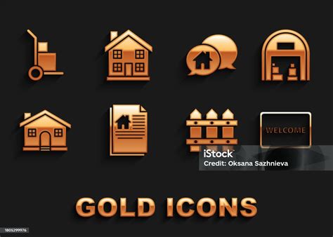 세트 집 계약 창고 텍스트 환영 정원 울타리 나무 말풍선 건물 핸드 트럭 및 상자 및 홈 기호 아이콘과 함께 현관 매트 벡터 개념에 대한 스톡 벡터 아트 및 기타 이미지