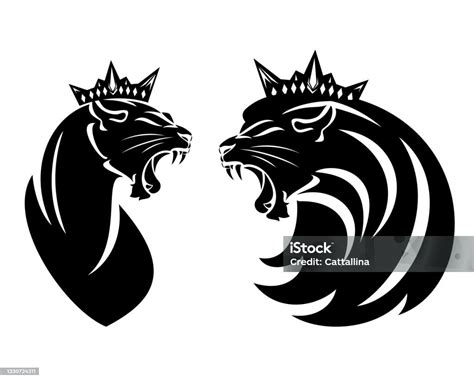로얄 크라운과 퀸 라이오네스 헤드 블랙 벡터 디자인 세트를 착용한 라이온 킹 암사자에 대한 스톡 벡터 아트 및 기타 이미지